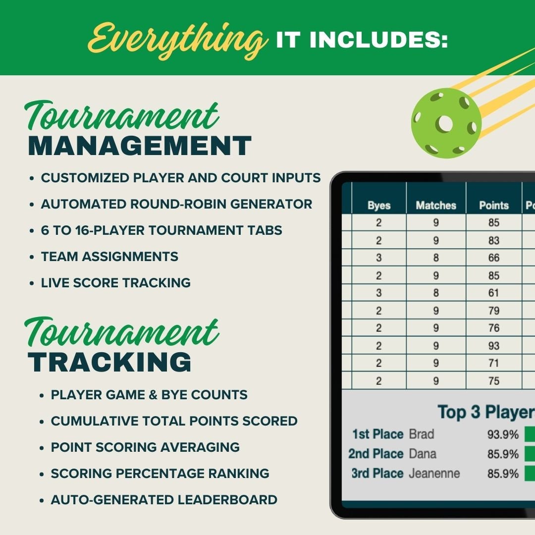 Ultimate Pickleball Tournament Spreadsheet, Player Tournament, 6 to 16 ...