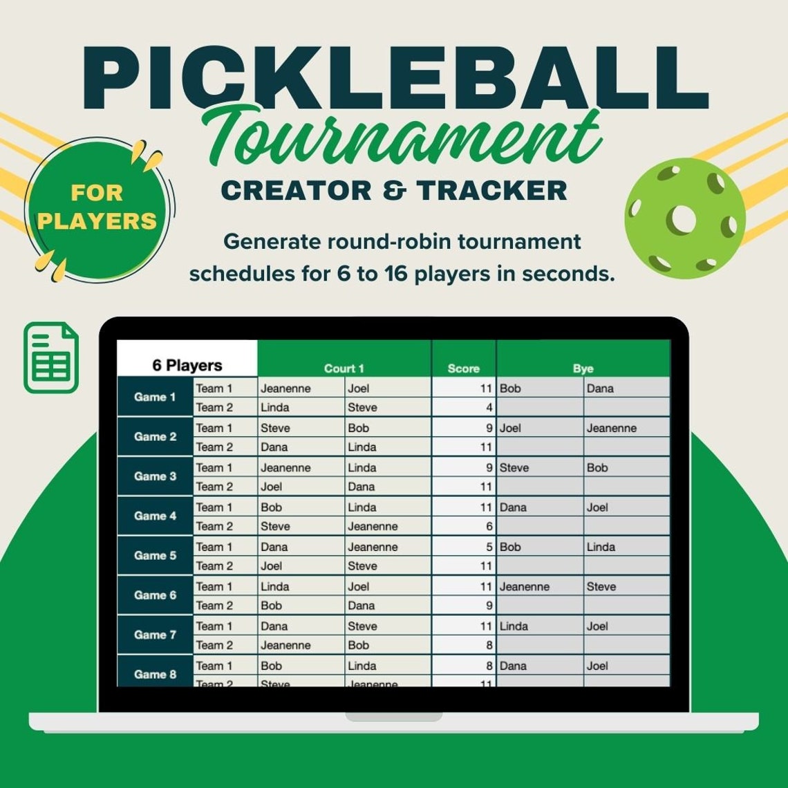 Ultimate Pickleball Tournament Spreadsheet, Player Tournament, 6 to 16 ...