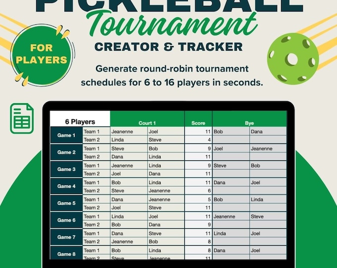 Ultimate Pickleball Tournament Spreadsheet, Player Tournament, 6 to 16 ...