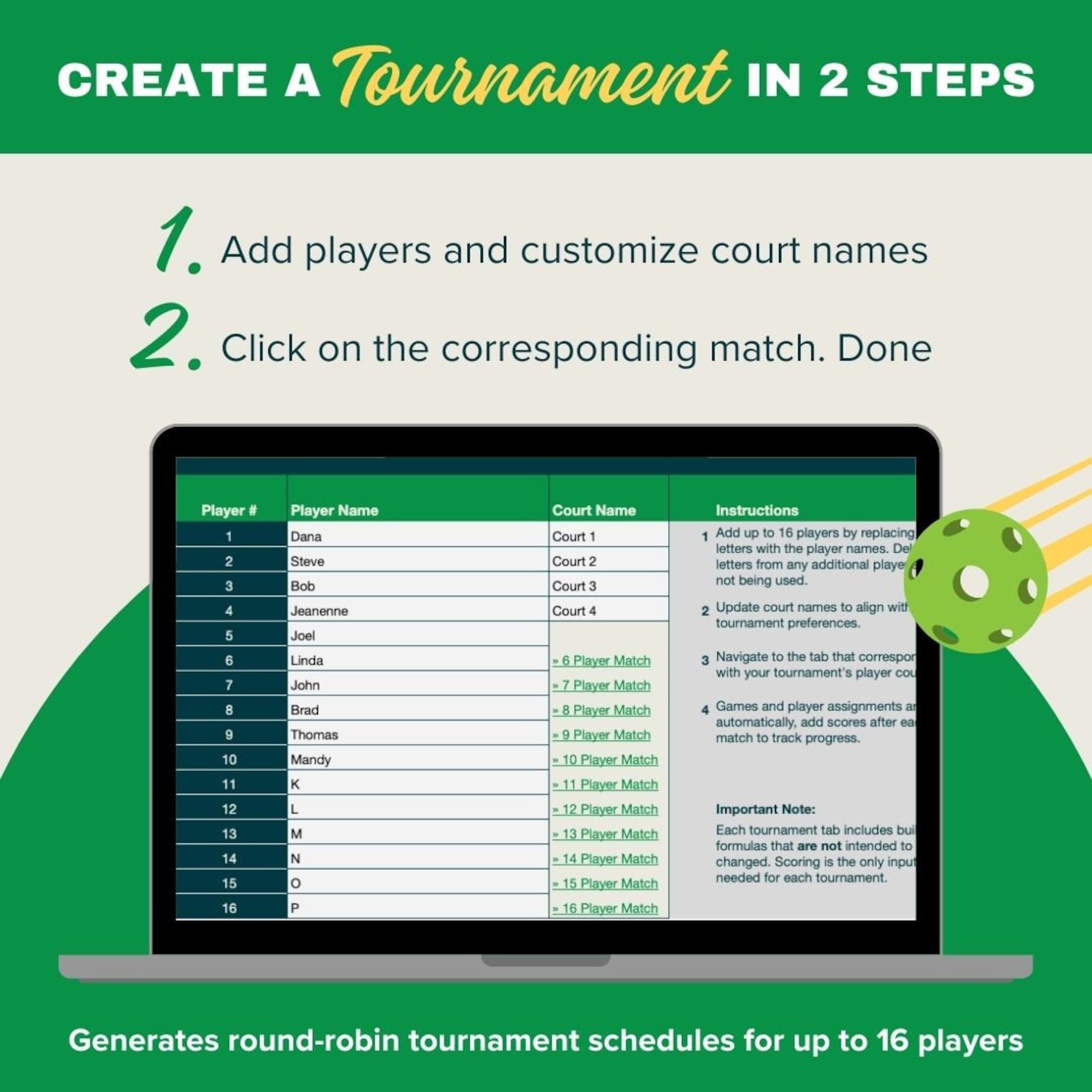 Ultimate Pickleball Tournament Spreadsheet, Player Tournament, 6 to 16 ...