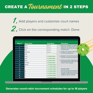 Ultimate Pickleball Tournament Spreadsheet, Player Tournament, 6 to 16 ...