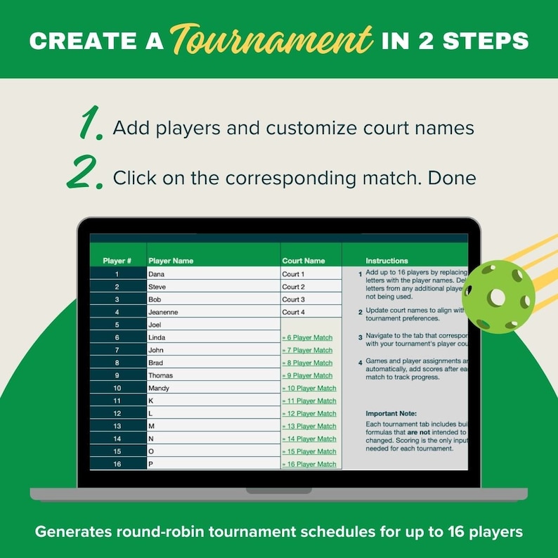Ultimate Pickleball Tournament Spreadsheet, Player Tournament, 6 to 16 ...
