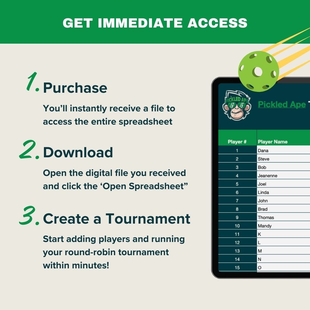 Ultimate Pickleball Tournament Spreadsheet, Player Tournament, 6 to 16 ...