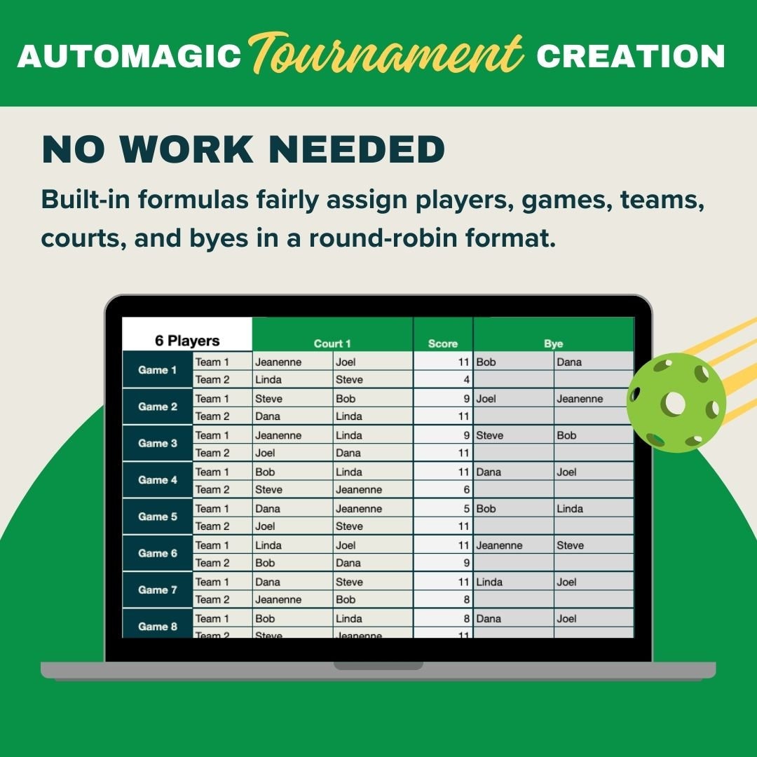 Ultimate Pickleball Tournament Spreadsheet, Player Tournament, 6 to 16 ...