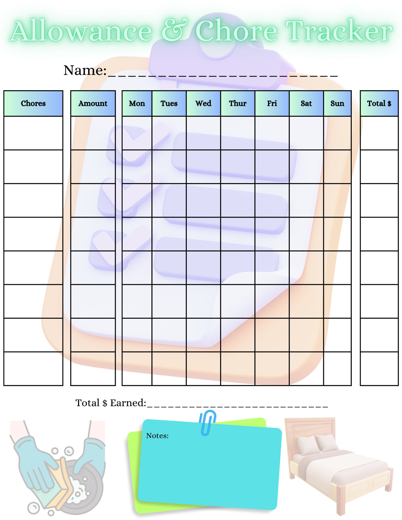 Allowance & Chore Chart for Kids, Allowance Tracker, Printable ...