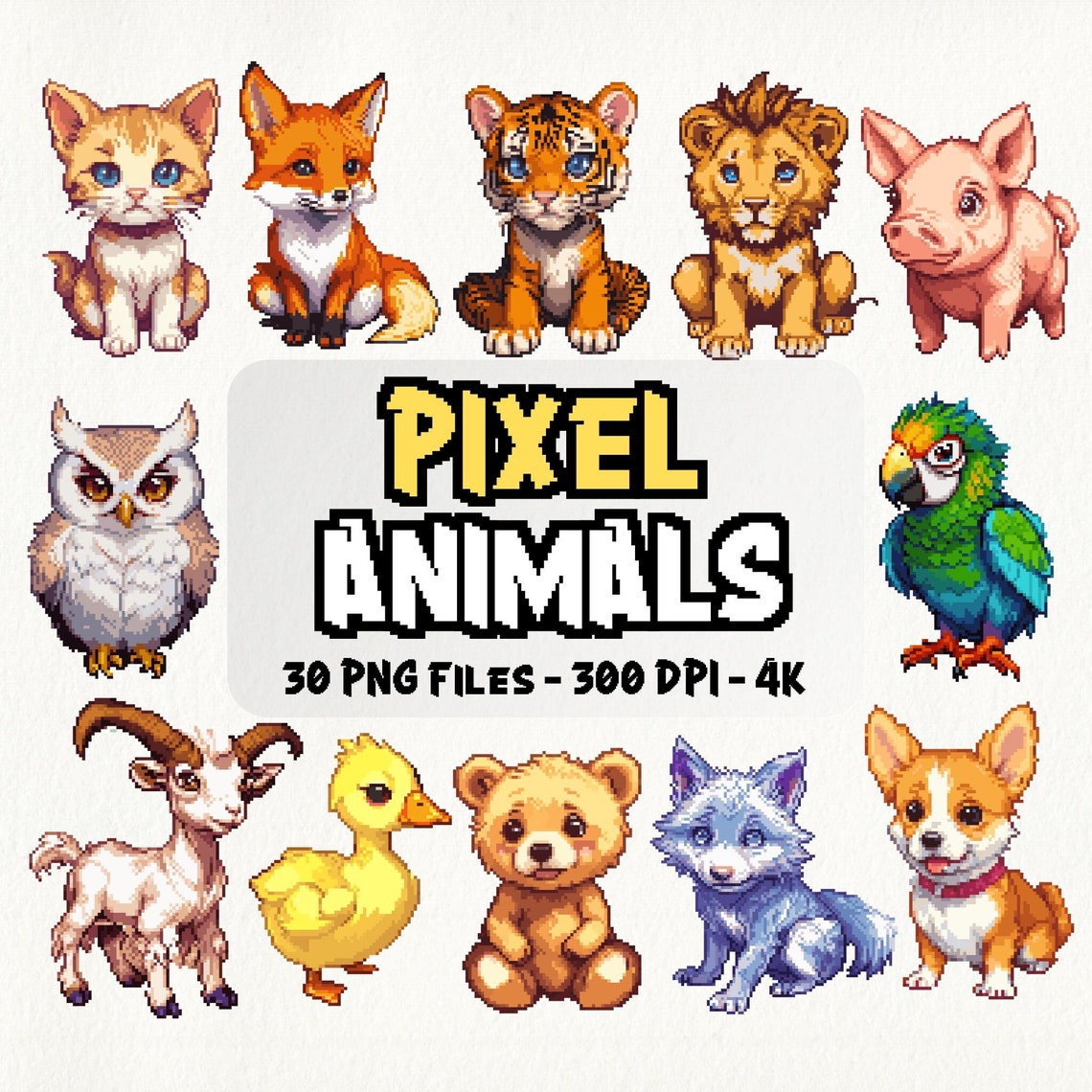 Pixel Cute Animals Clipart, 30 Cute Animal PNG, Pixel Animals, Cute ...