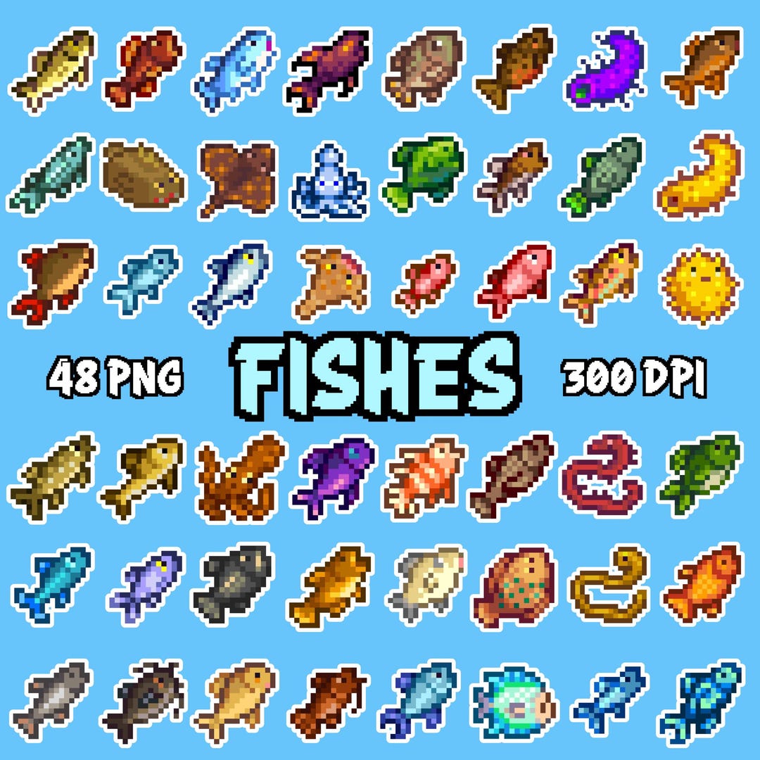 Stardew Valley SDV Fishes Clipart, 48 PNG Bundle, Digital Stickers, Printable Images, Pixel Art ...