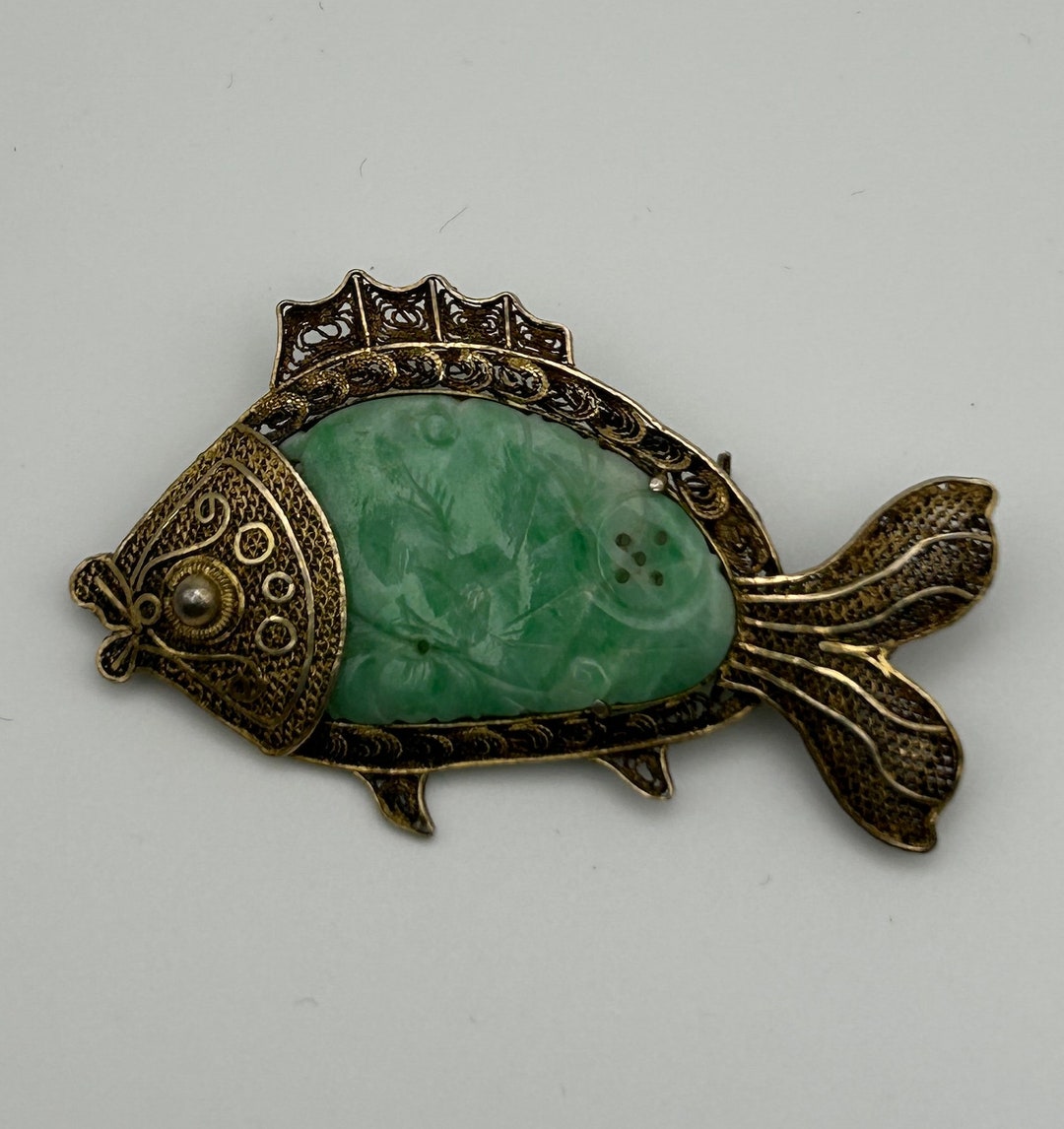 Rare Find - 1940s Chinese Jadeite Fish Brooch With Silver Detailed ...