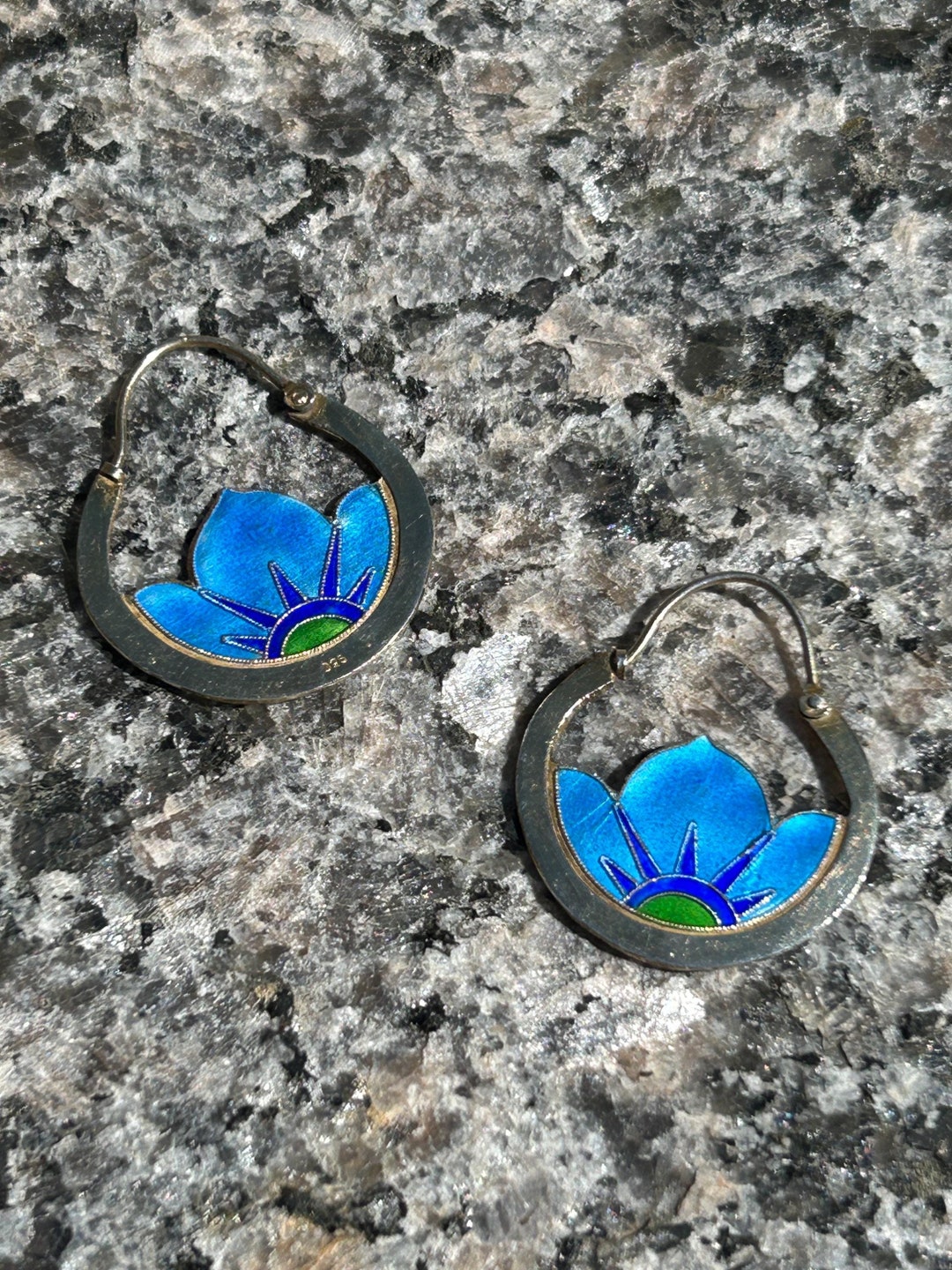 Lotus Flower Pierced Earrings - Blue & Green Enamel - Marked 925 ...