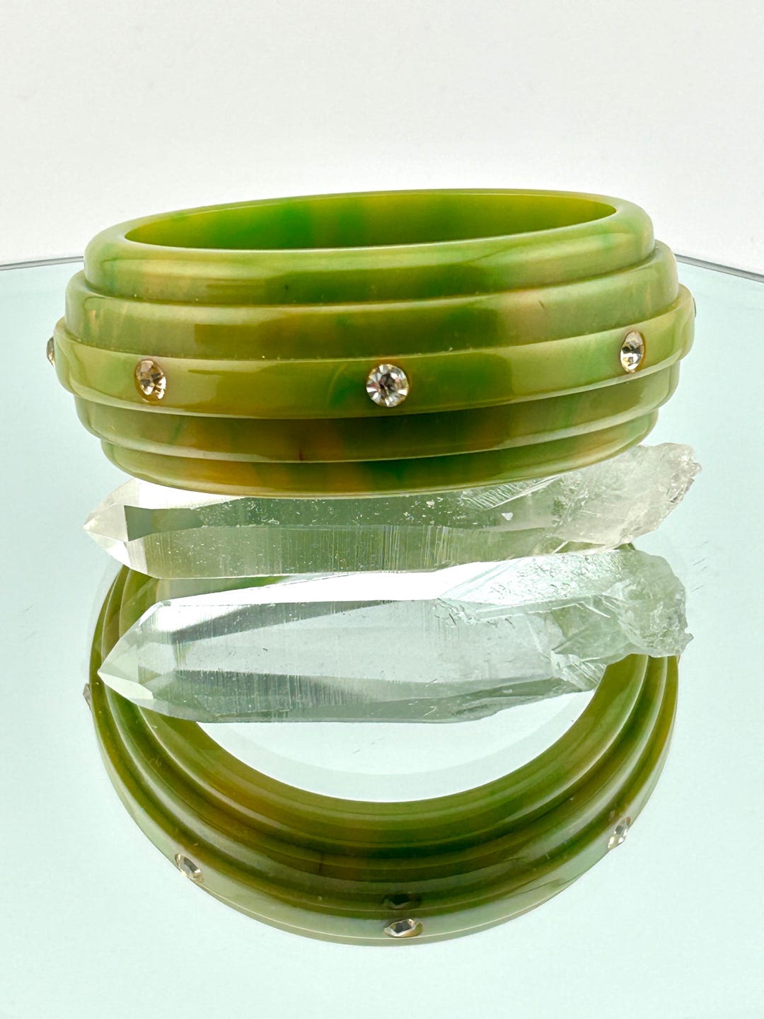RARE - Bakelite Bangle - Graduated Step-carved With Clear Diamente ...