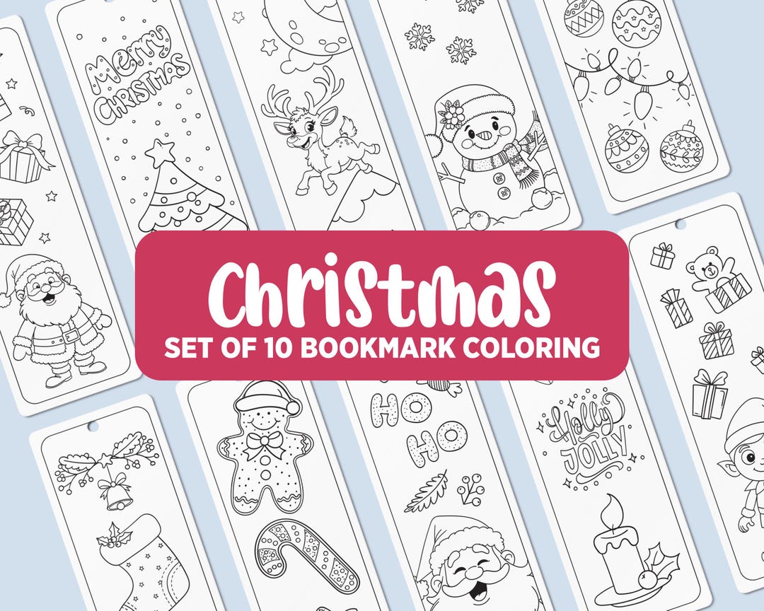 Set of 10 Christmas Bookmark Coloring Pages: Book Lover Gift, DIY ...
