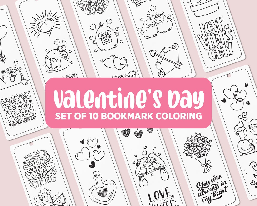 Set of 10 Valentine's Day Bookmark Coloring Pages: Book Lover Gift, DIY ...