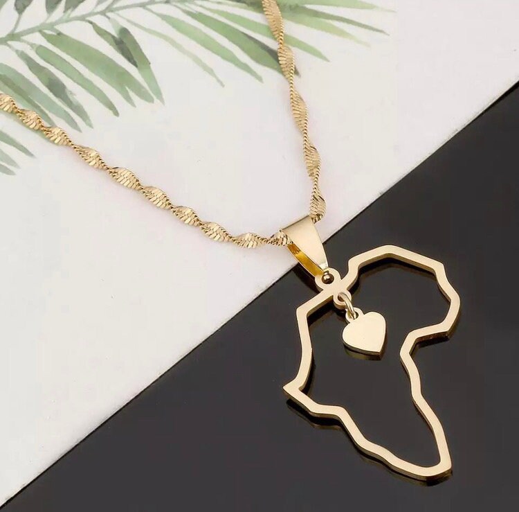 Gold Plated Africa Map Pendant Necklace | Heart Charm - Etsy