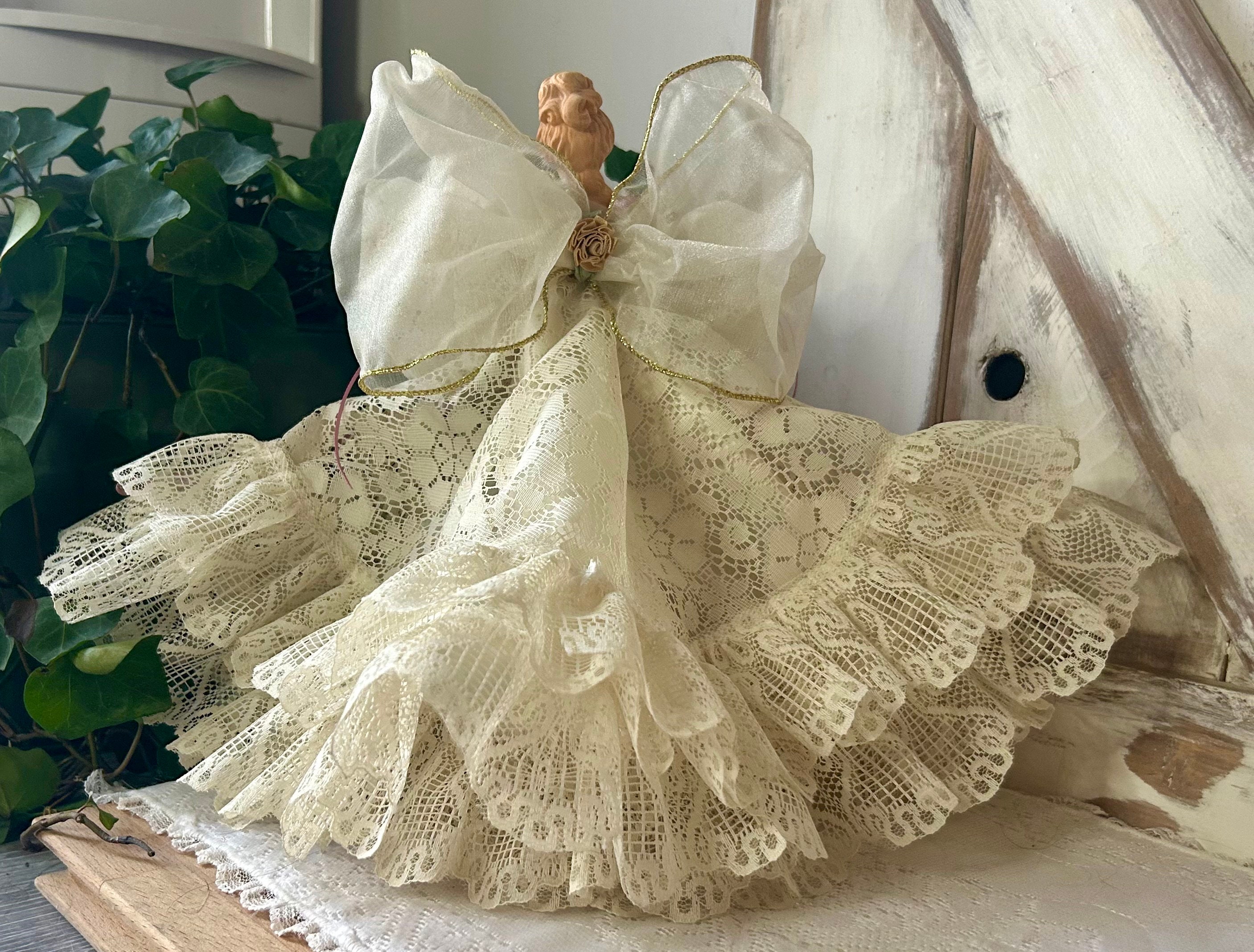 Angel Tree Topper, Vintage Angel, Lace, Ribbon, Pink, Porcelain ...