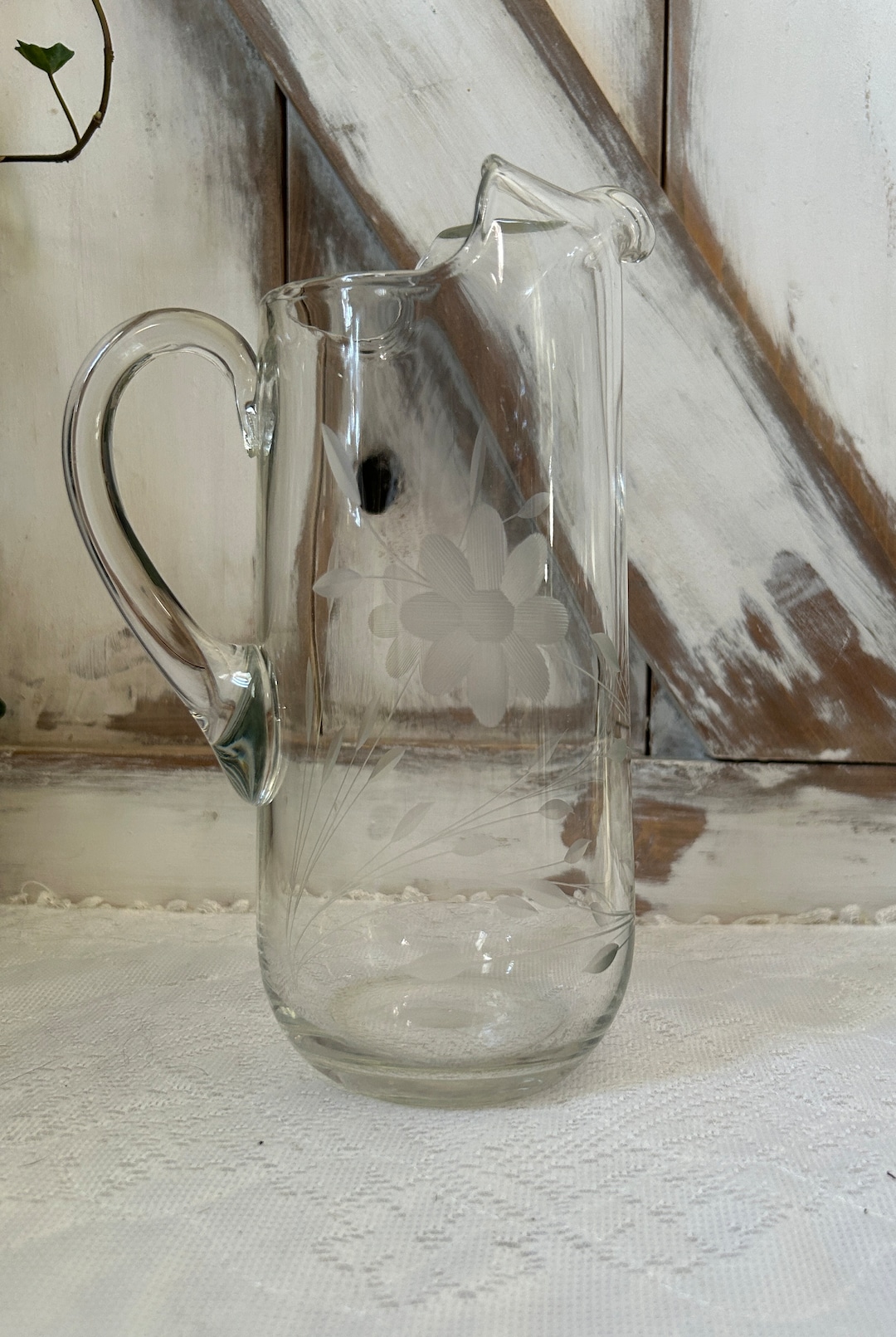 Etched Glass Cornflower Pitcher Water Jug Tableware Entertaining Dinner ...