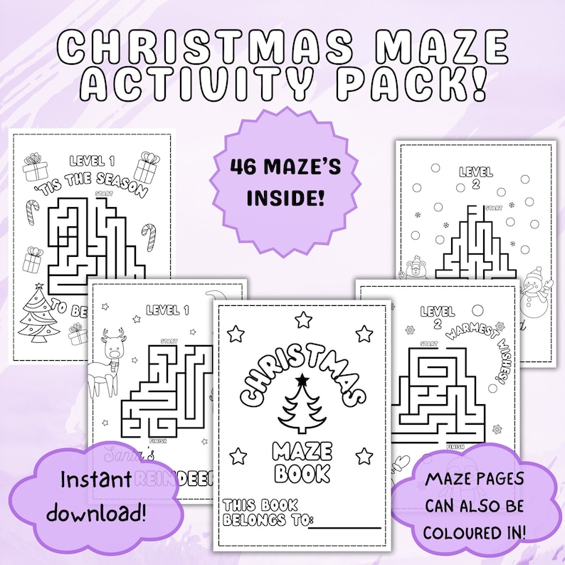 Christmas Maze Activity Pack Printable, 46 Kids Maze's, Colouring Maze ...
