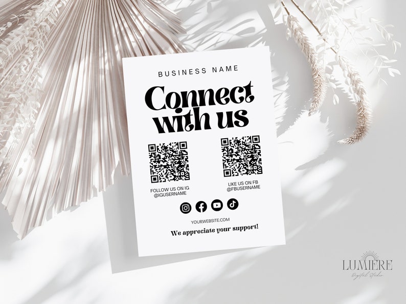 Minimalist QR Code Sign Template, Editable Connect With Us Display ...