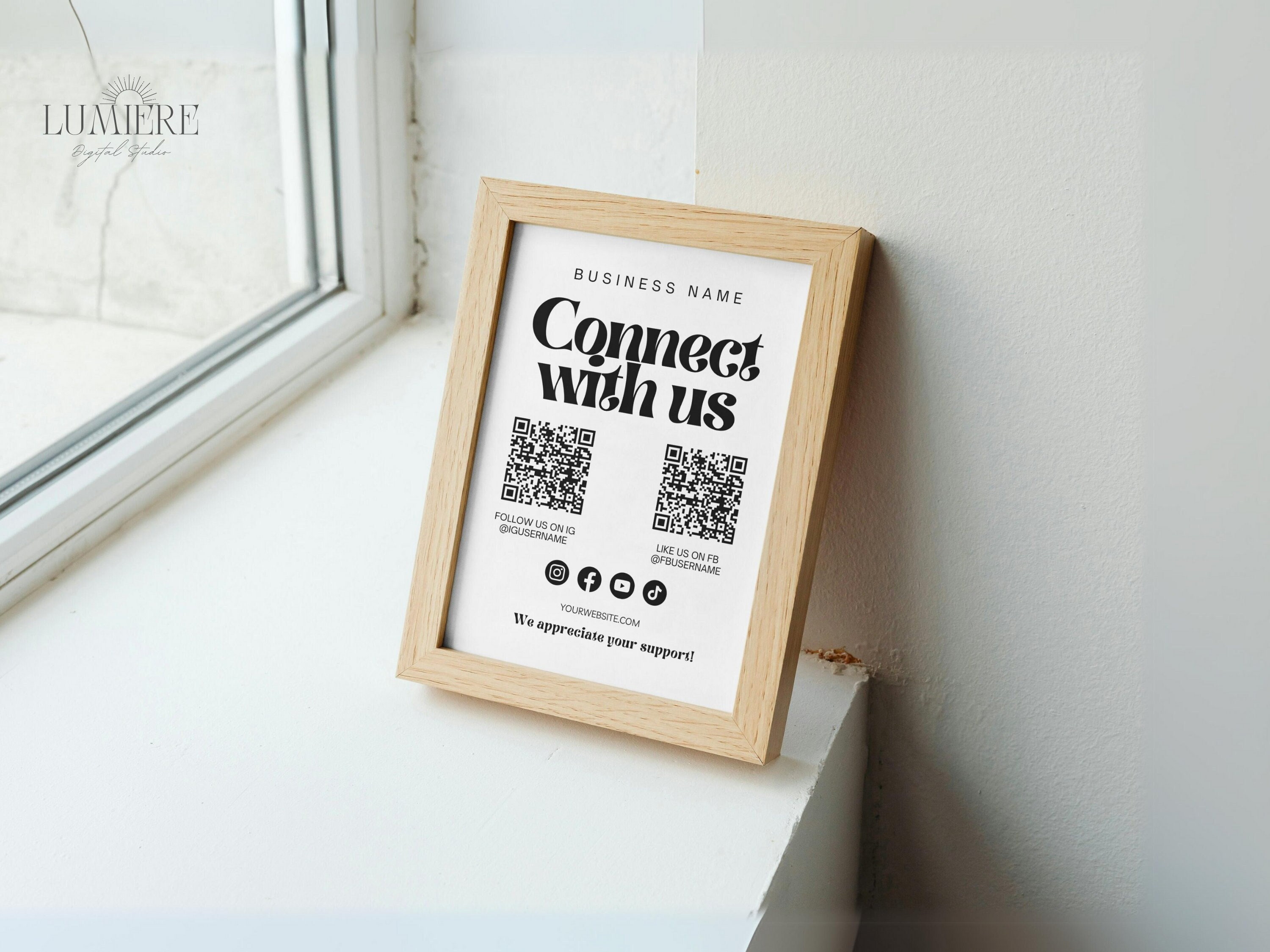 Minimalist QR Code Sign Template, Editable Connect With Us Display ...
