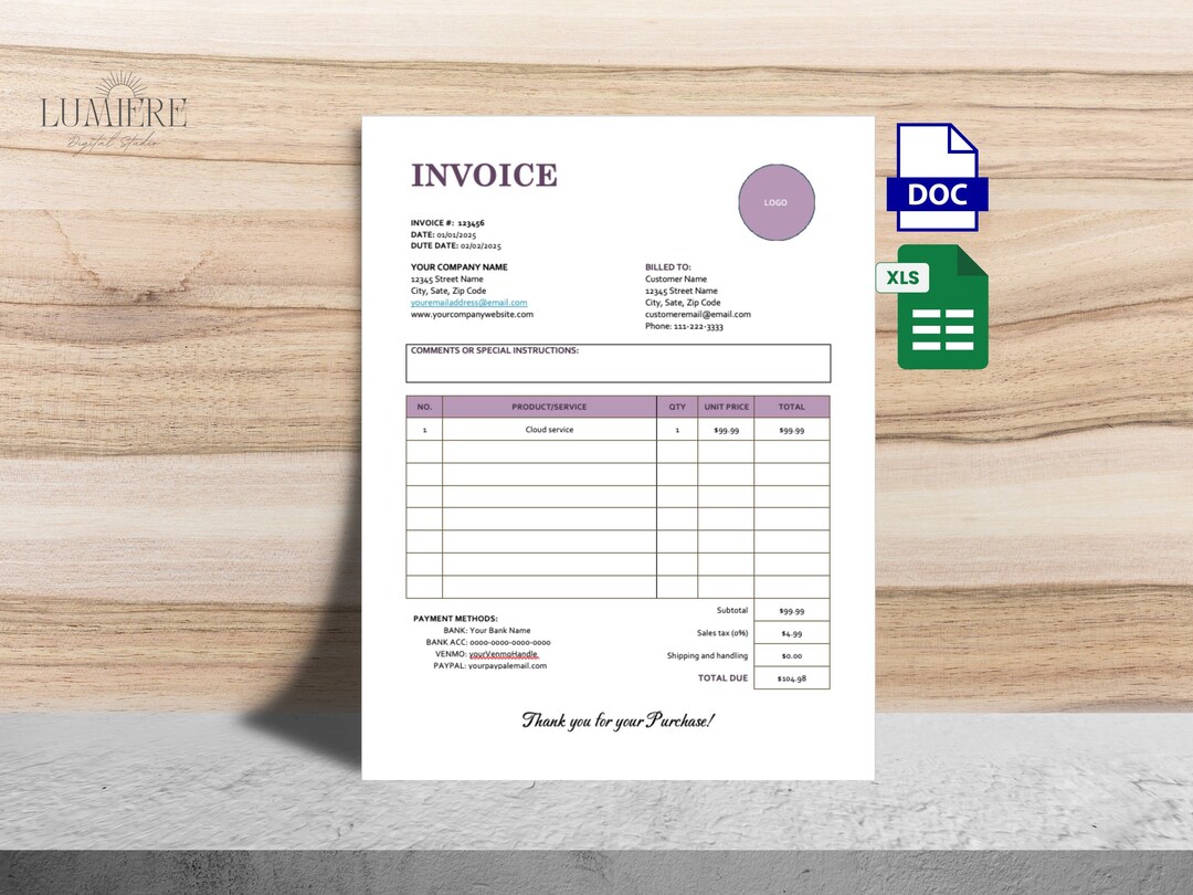 Editable Invoice Template Microsoft Word, Printable Bookkeeping ...