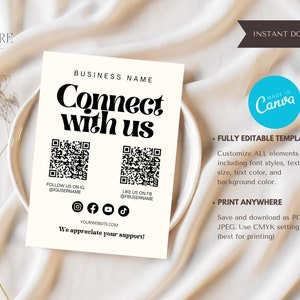 Minimalist QR Code Sign Template, Editable Connect With Us Display ...