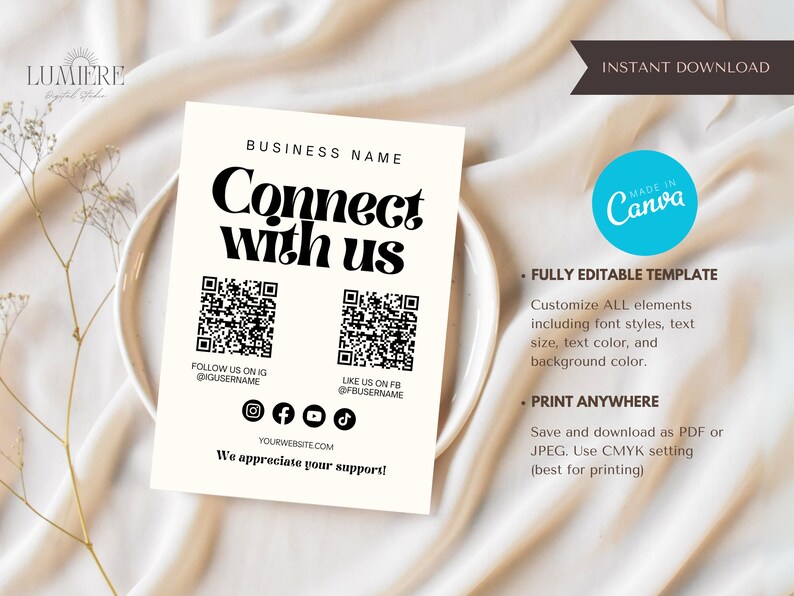 Minimalist QR Code Sign Template, Editable Connect With Us Display ...