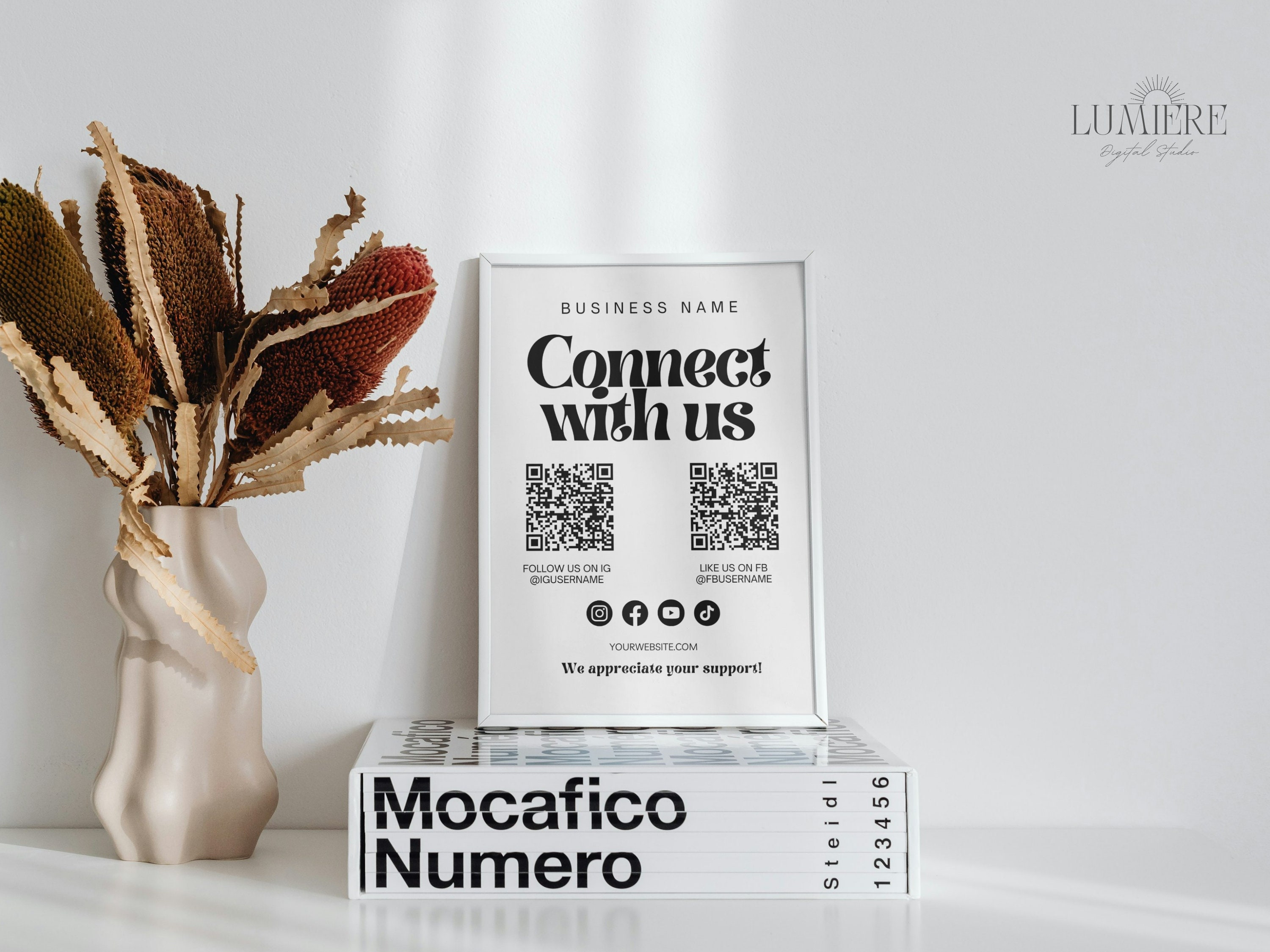 Minimalist QR Code Sign Template, Editable Connect With Us Display ...