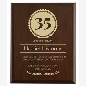 35 Year Work Anniversary Award | Thirty-five Years of Authentic Service ...