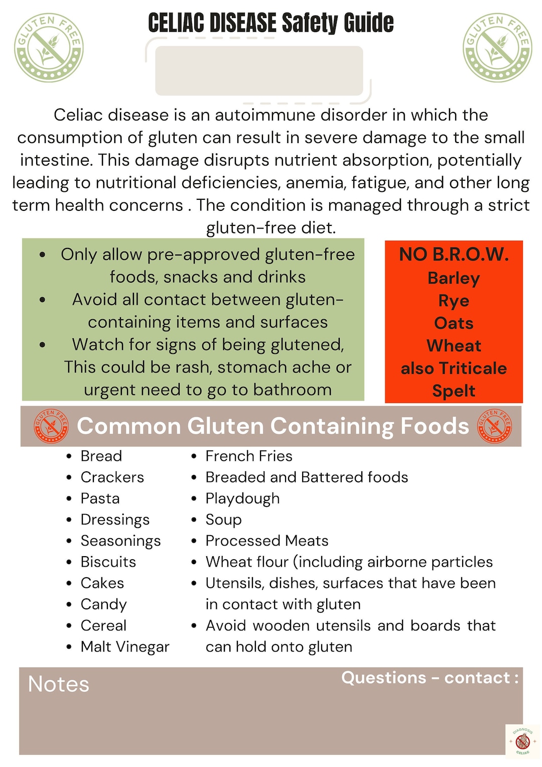 Printable Celiac Disease Checklist. Suitable for Teachers, Babysitters ...