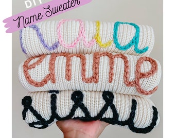 DIY Name Sweater Kit Embroidered Name Chunky Sweater Tutorial Stick and Stitch Name Hand ...