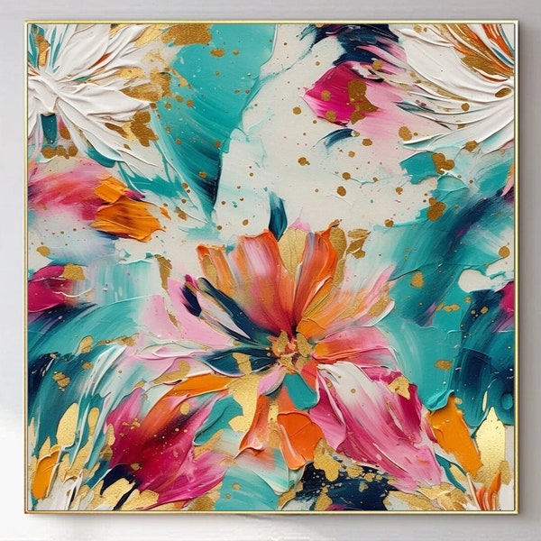 Original Pink Flower Oil Painting on Canvas, Large Abstract Gold Foil ...