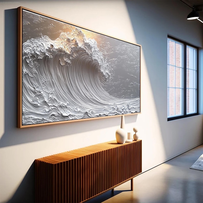 Original Minimalist 3D Sea Wave Oil Painting on Canvas, Large Textural ...