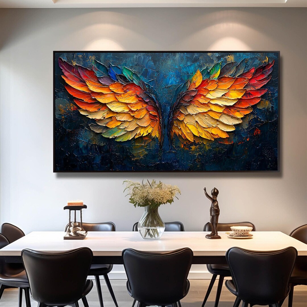 Original 3D Gold Wing Textured Canvas Oil Painting, Abstract Blue ...