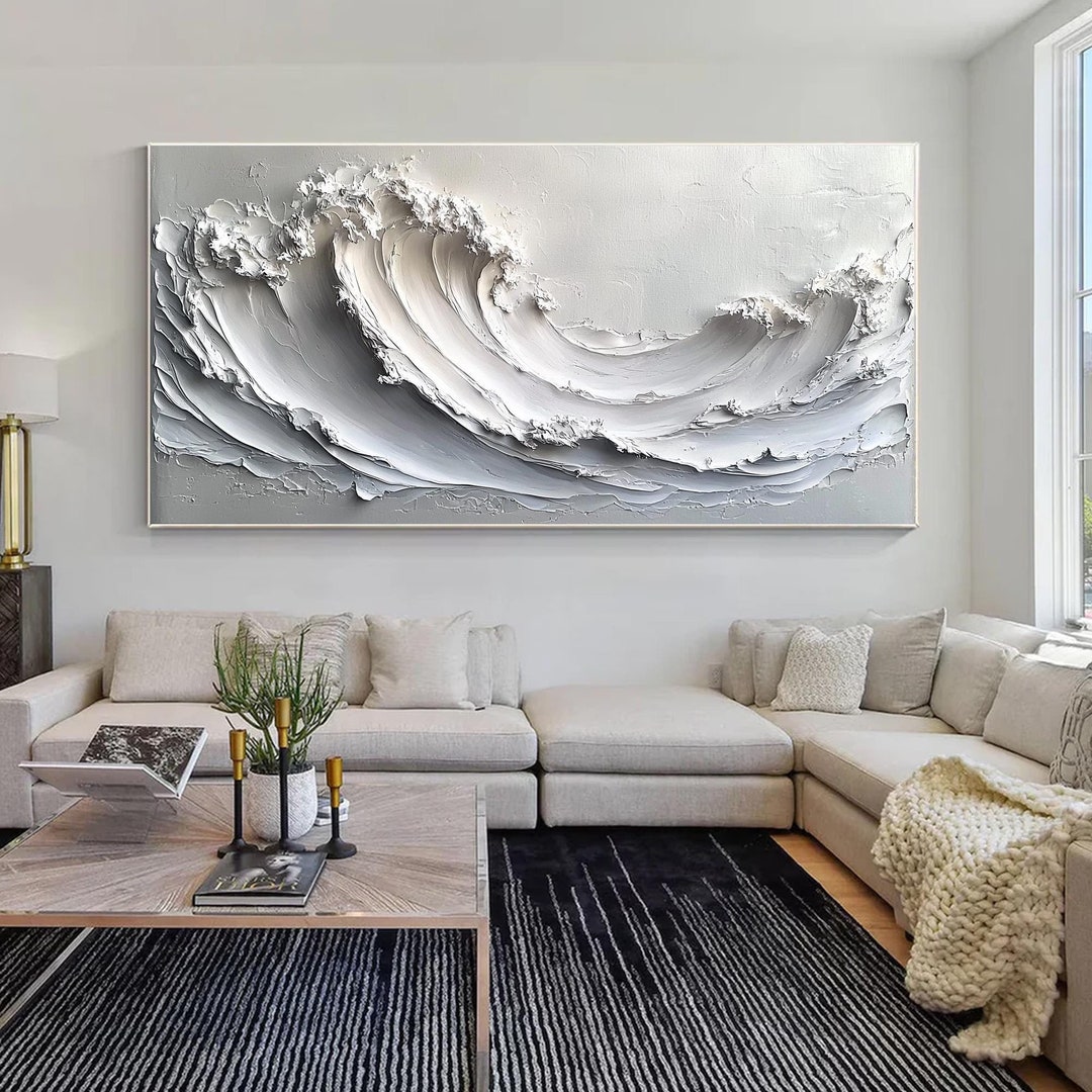 3D Plaster Style Wave Wall Art, White Minimalist Beach Painting on ...