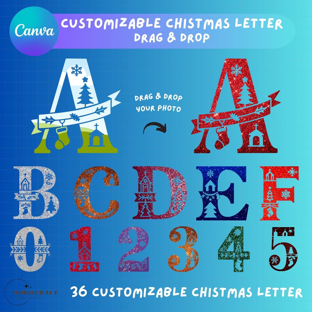 Alphabet Number Christmas Frames Canva Template, Drag & Drop Design ...