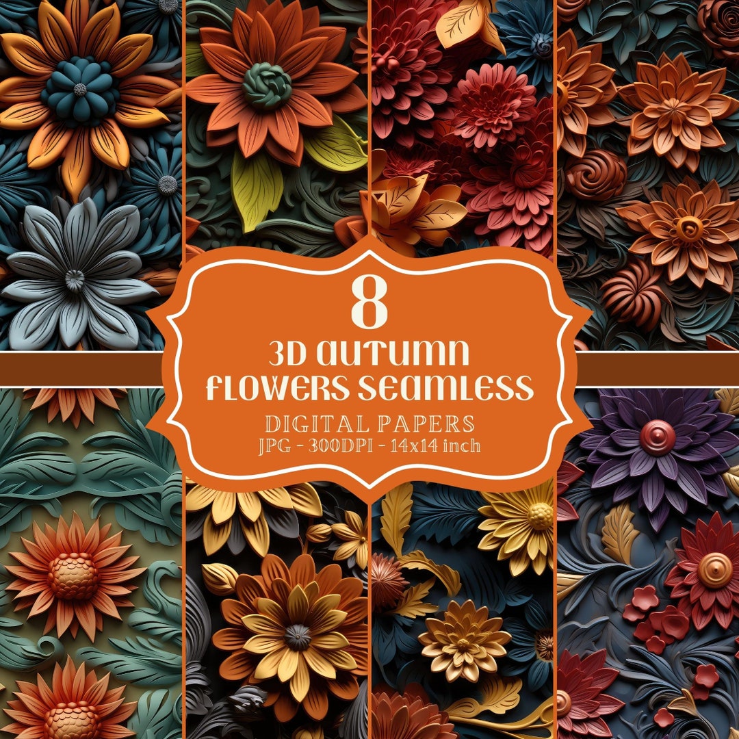 Thanksgiving Gothic Floral Digital Paper, 3D Fall Flower, Seamless Pattern, Digital Paper Pack ...