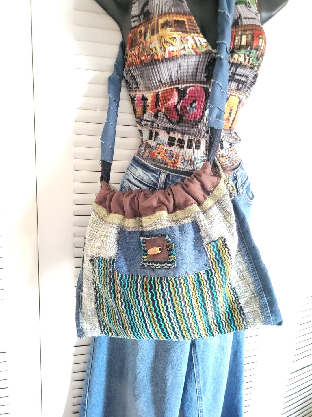 Frayed Denim Blue Green Cross Bag, Polyester,sturdy Ooak Wood,unique ...