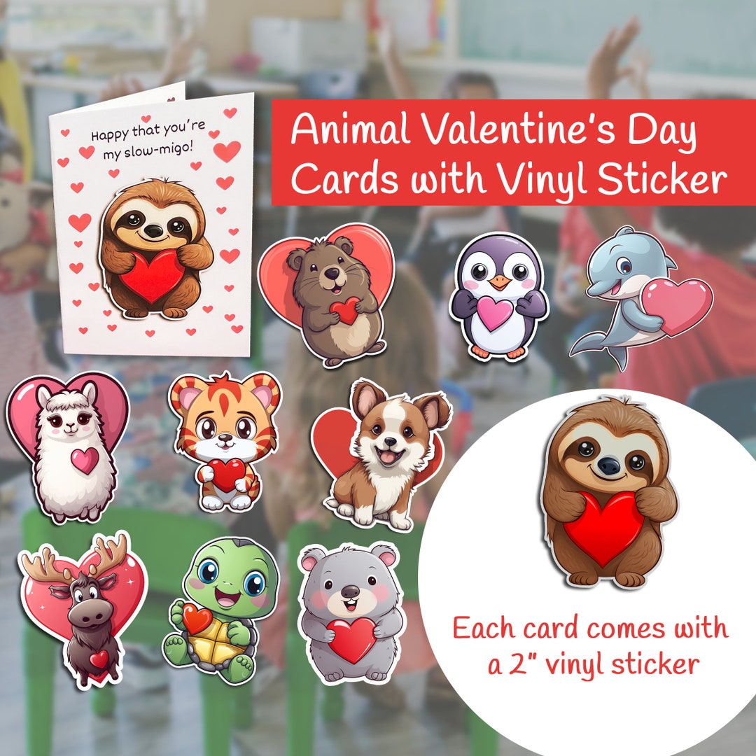 Animal Valentine's Day Cards | Set of 10 Cards With Vinyl Sticker ...