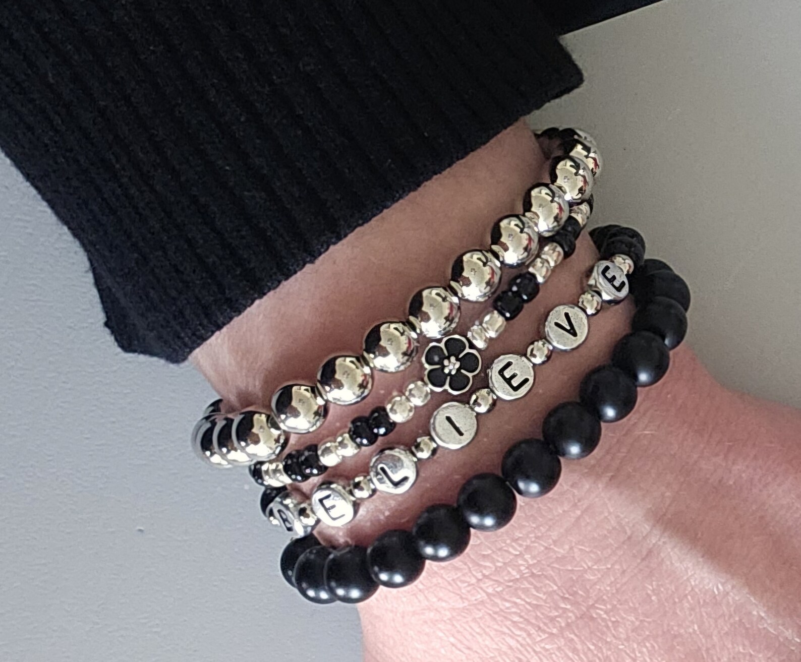 Matte Black Bracelet With Stretch Elastic | Elegant Onyx Bracelet With ...