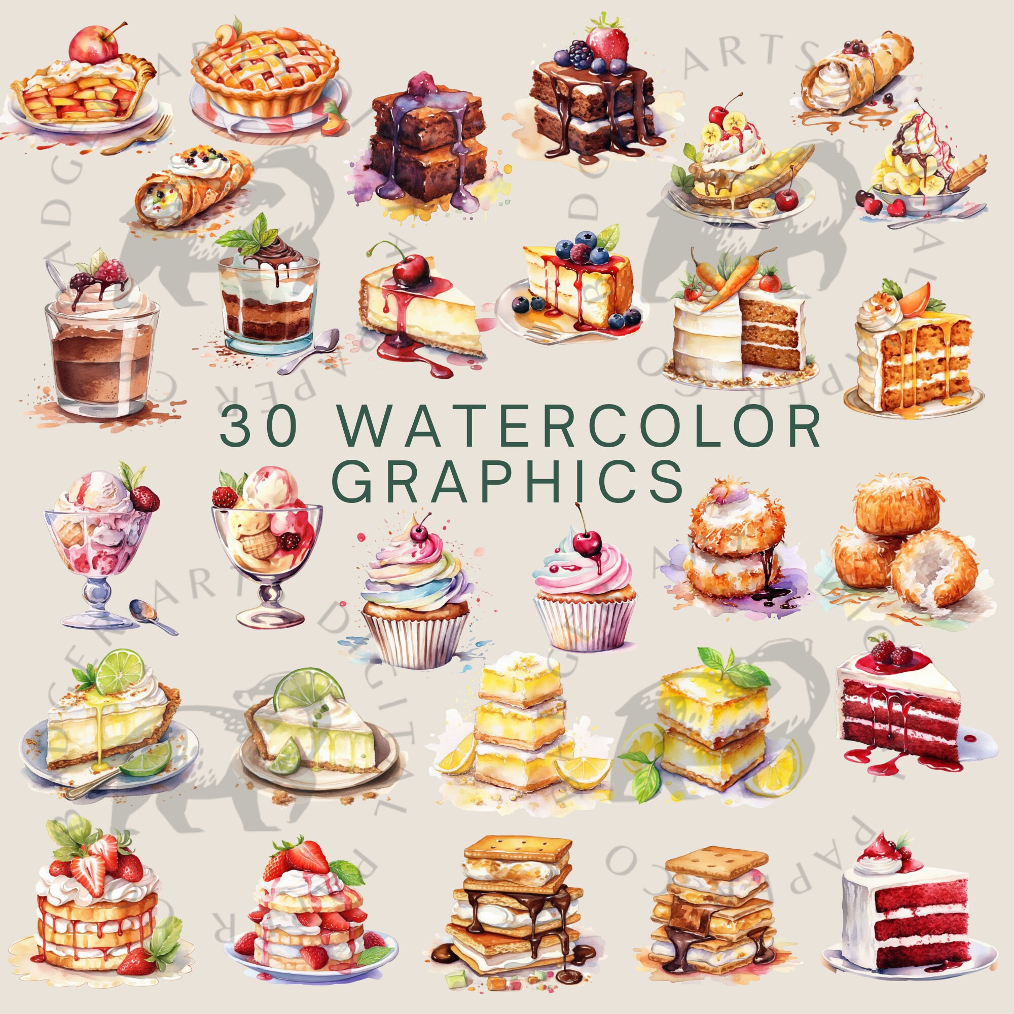 Watercolor Desserts Clipart, Baking Clipart, Birthday PNG, Food Clipart ...