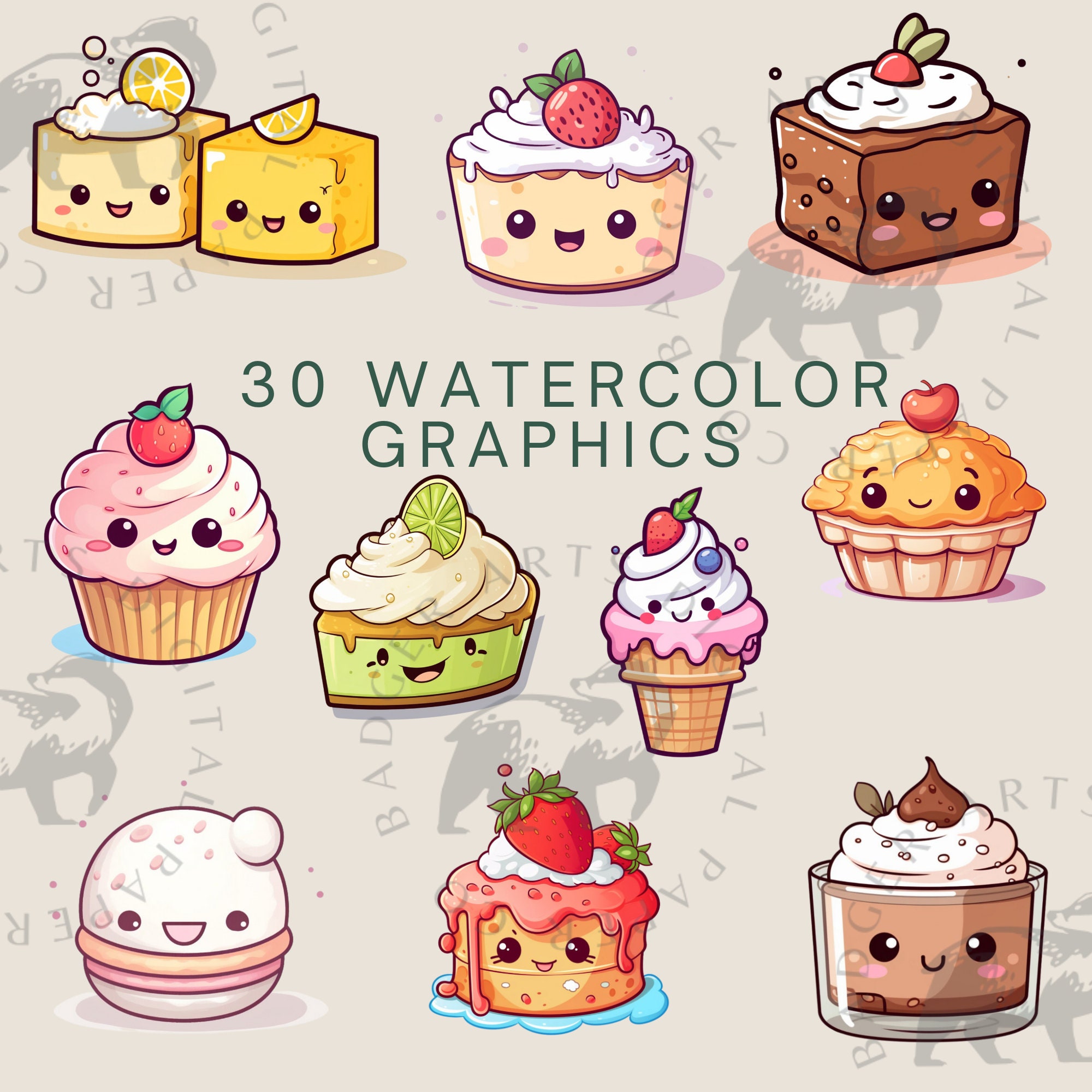 Kawaii Desserts Digital Clipart Set, Cute and Colorful, Cupcake, Lemon ...