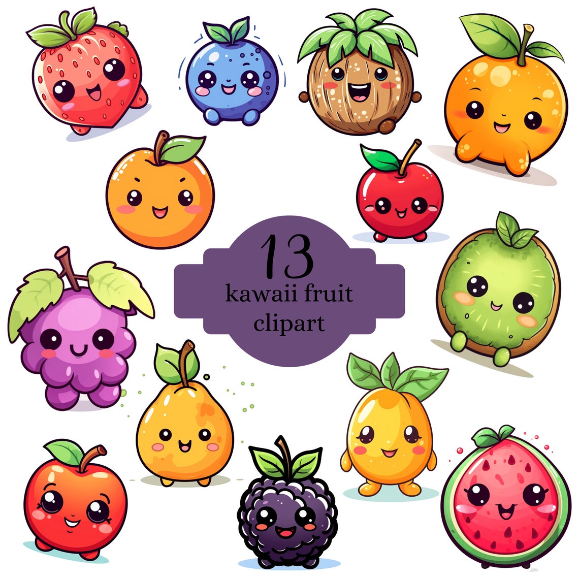 Kawaii Fruit Digital Clipart Set, Cute and Colorful Fruity Delights ...