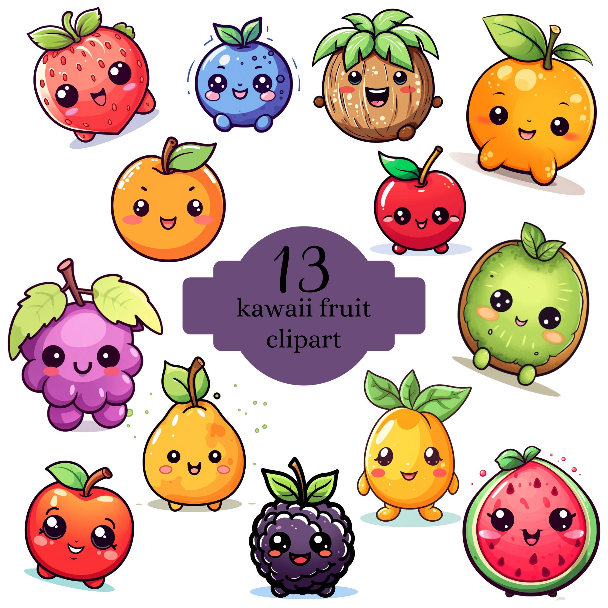 Kawaii Fruit Digital Clipart Set, Cute and Colorful Fruity Delights ...