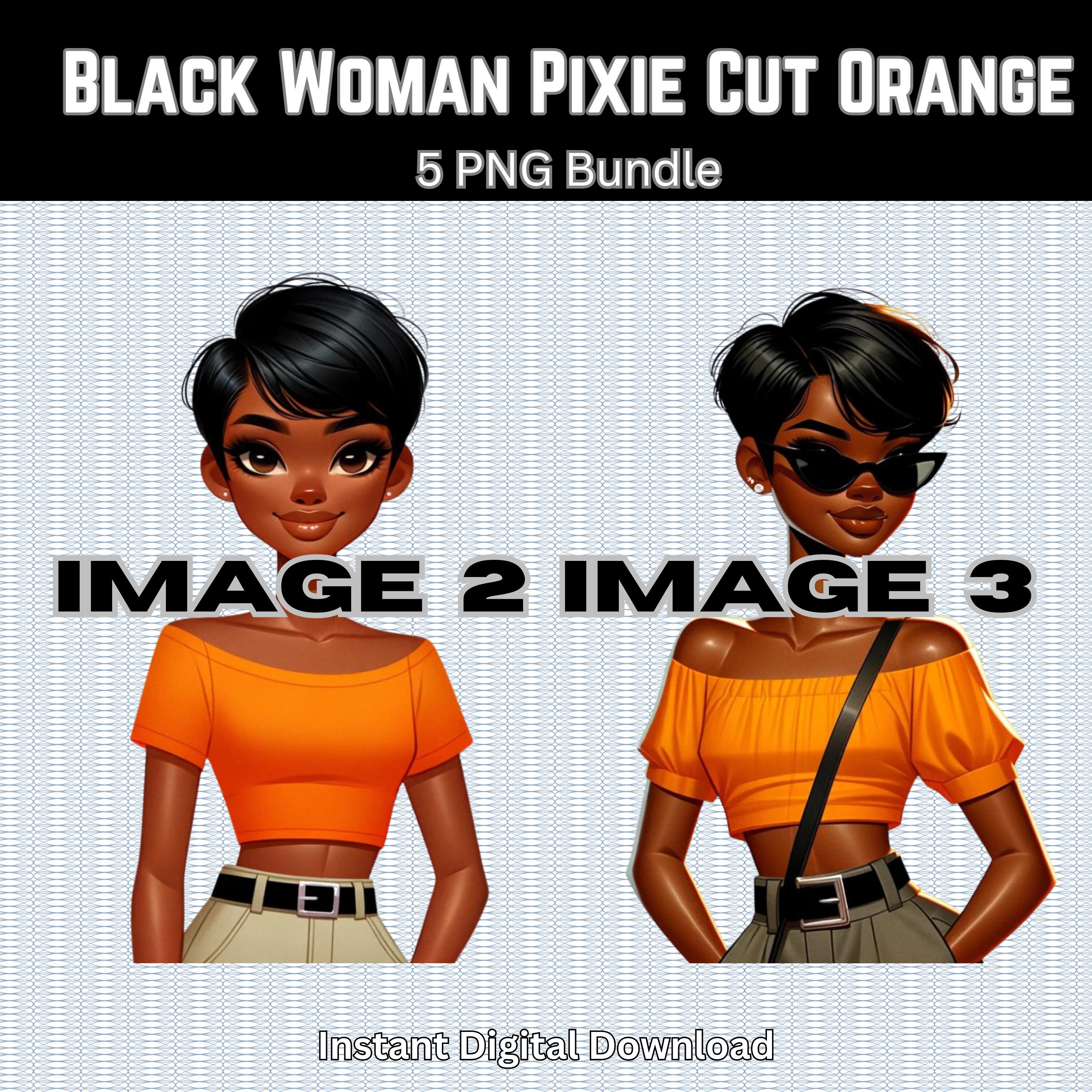 5 PNG Digital Art Bundle Black Women Pixie Cuts in Orange Summer ...