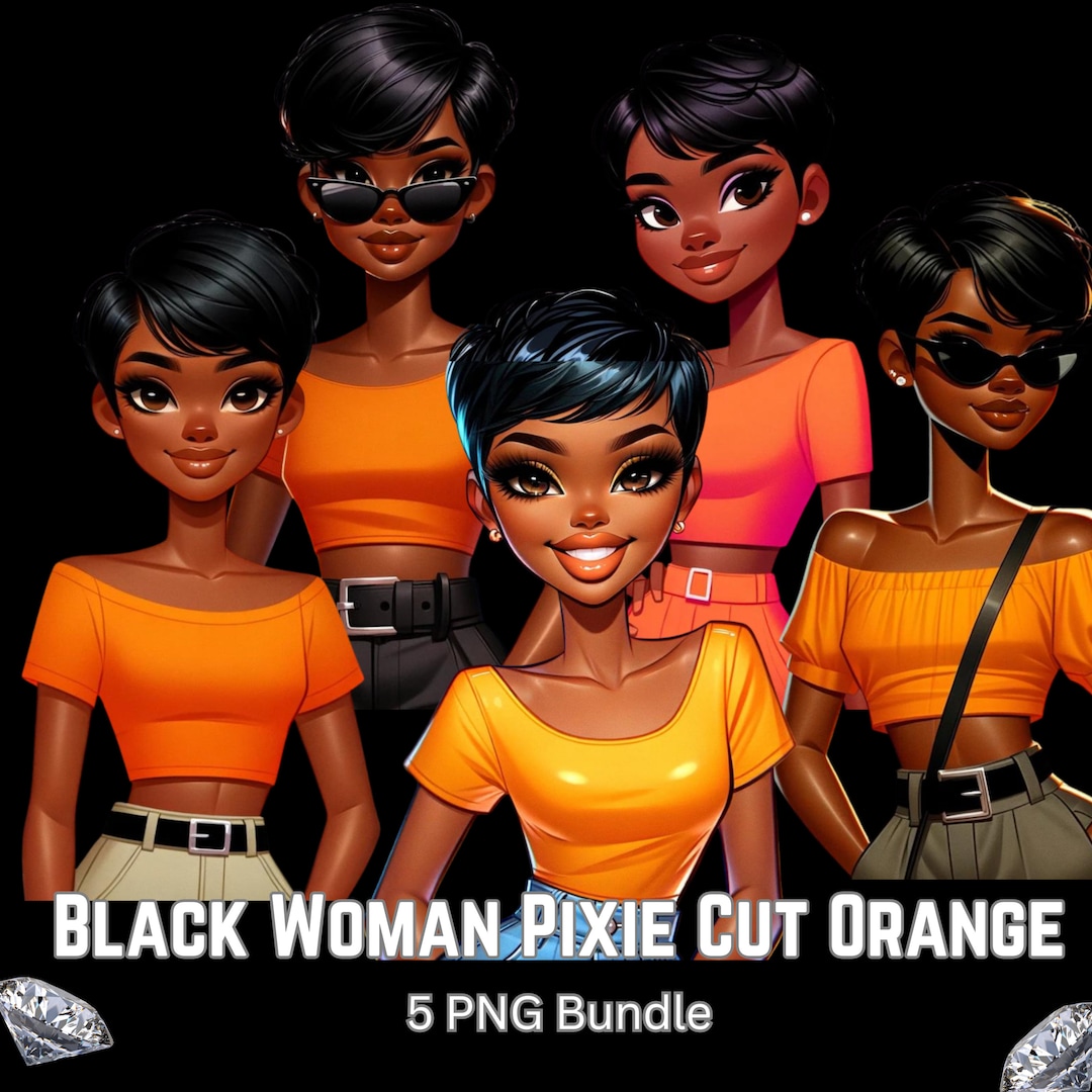 5 PNG Digital Art Bundle Black Women Pixie Cuts in Orange Summer ...