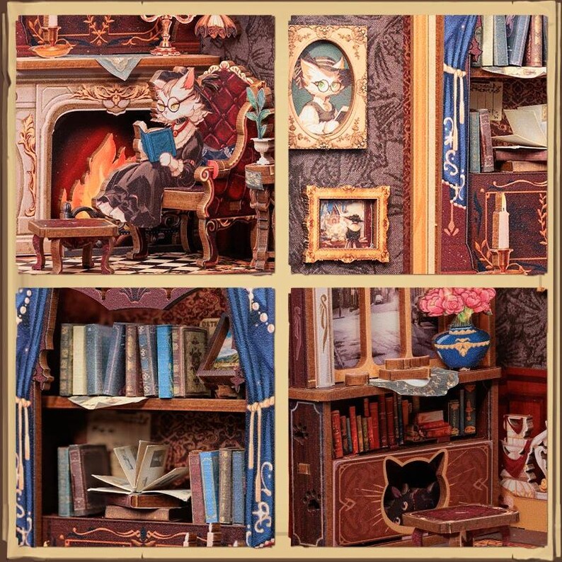 DIY Cat's Study Led Book Nook Miniature Wooden Dollhouse With Lights ...