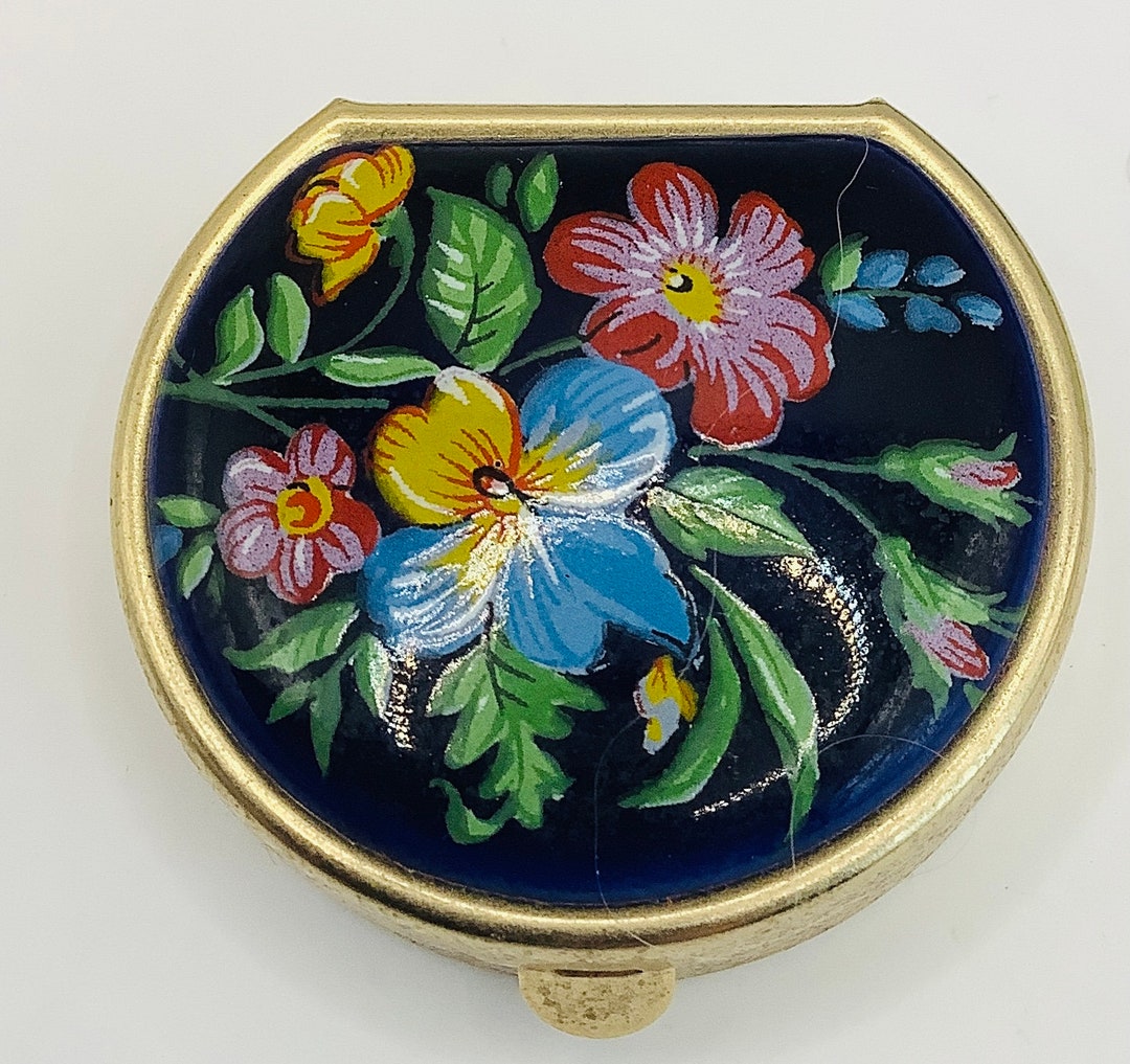 Vintage French Limoges Enamel Small Metal Pill Box / Trinket Box ...