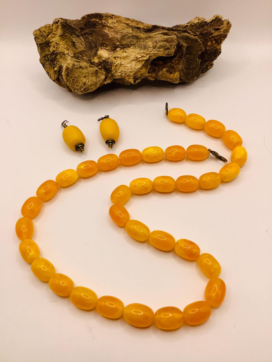 Rare Vintage Egg Yolk Coloured Resin Necklace and Earring Bead Set ...