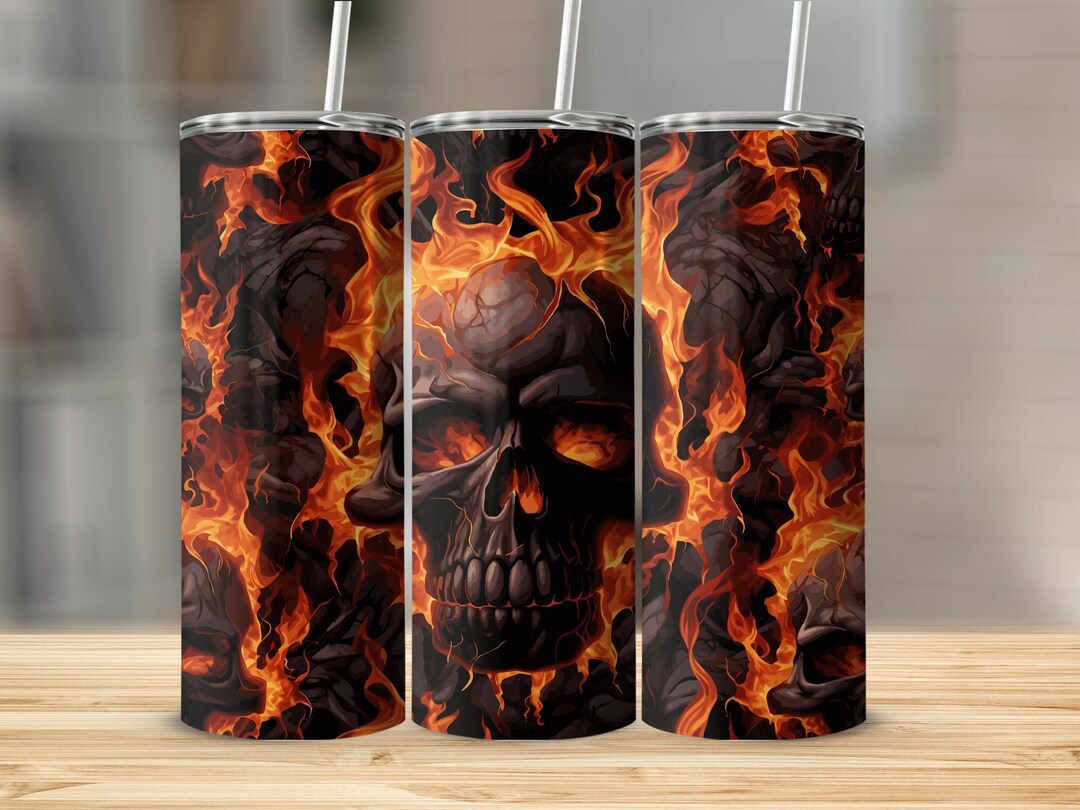 Fiery Skull Tumbler, Gothic Flame Art, Insulated Travel Cup, Unique ...