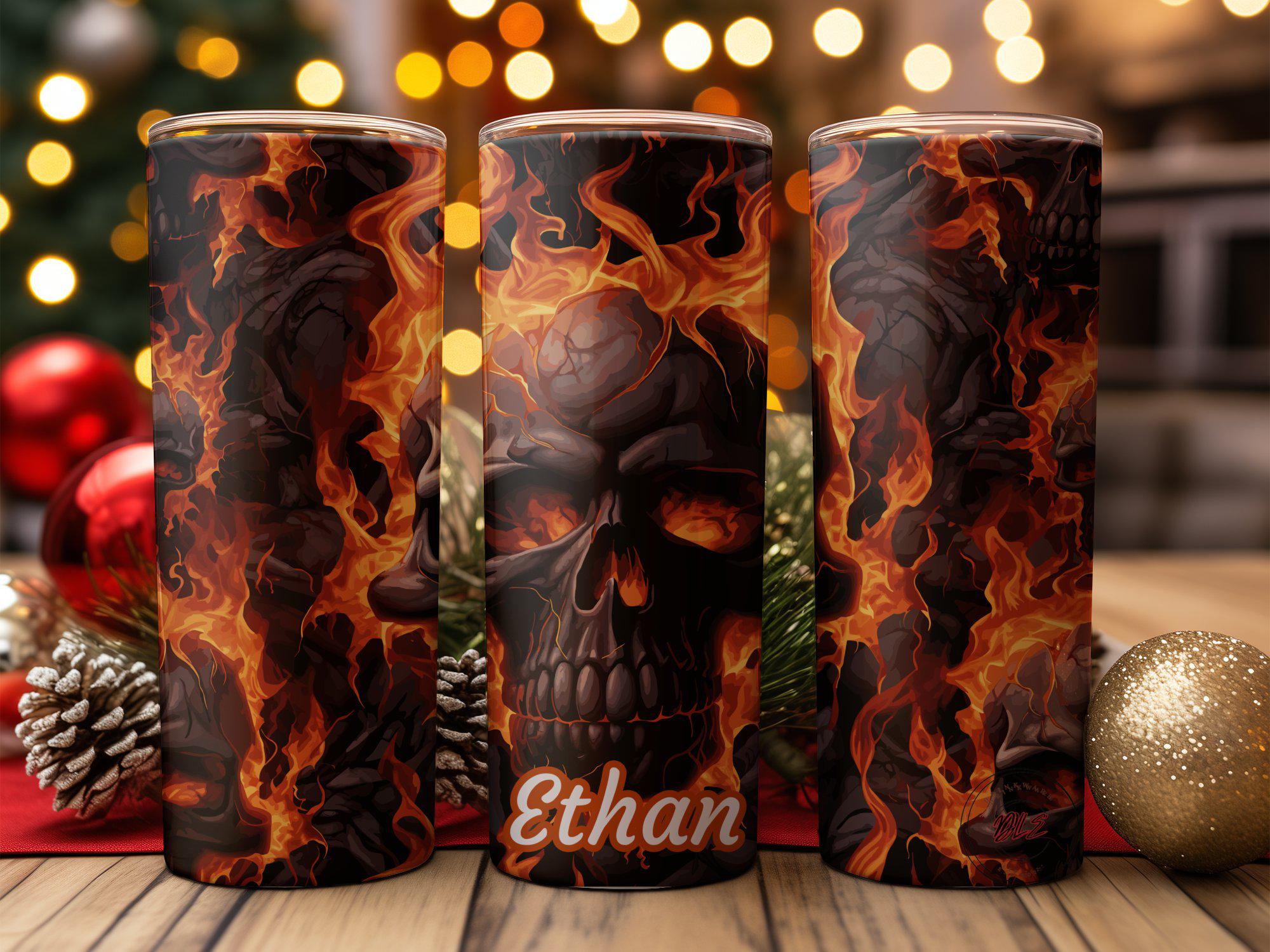 Fiery Skull Tumbler, Gothic Flame Art, Insulated Travel Cup, Unique ...