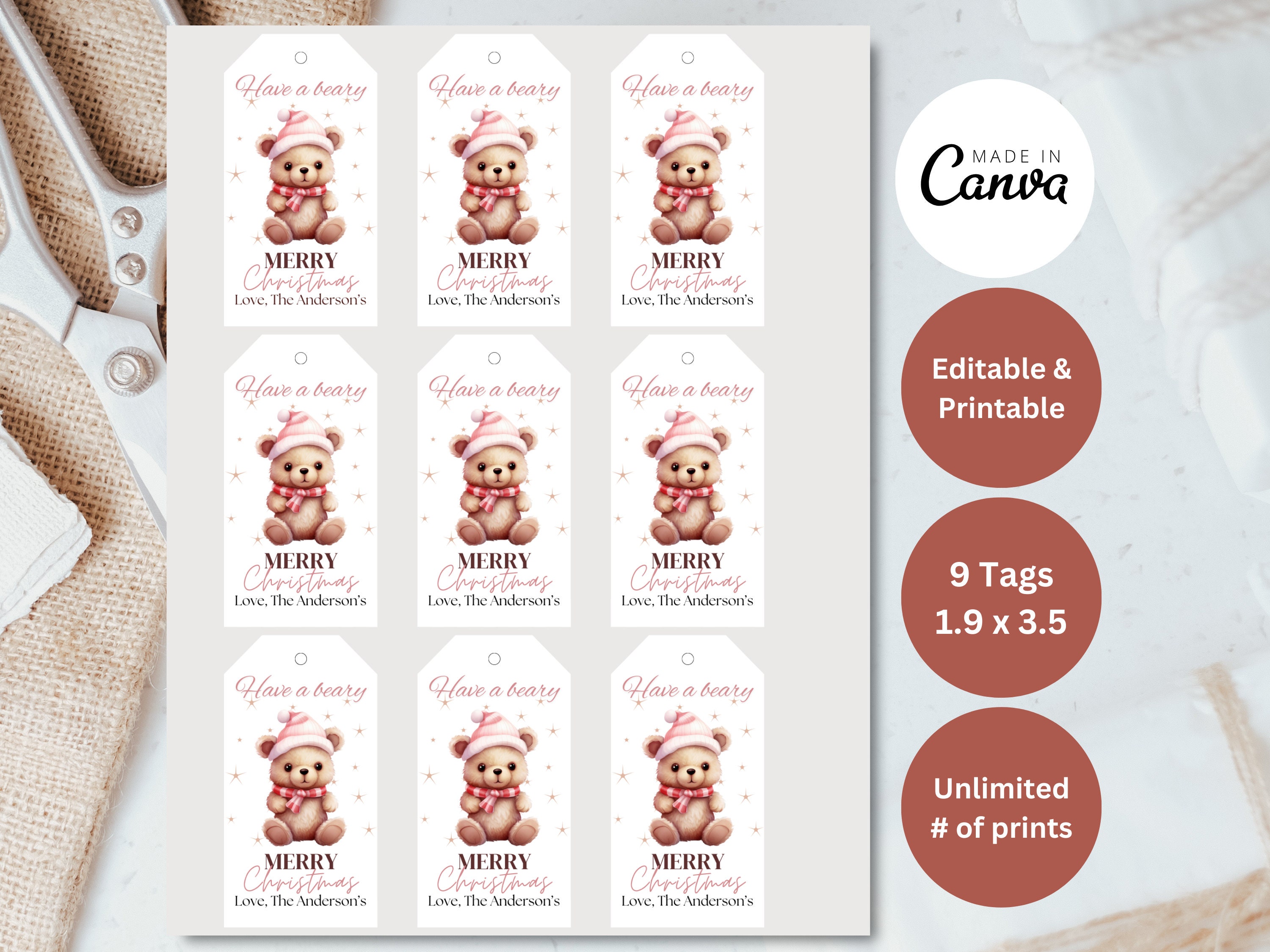 Editable Beary Merry Christmas Gift Tags, Printable Christmas Tags ...